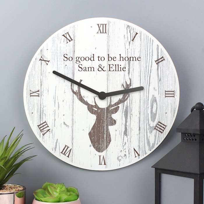 Personalised Highland Stag Shabby Chic Wooden Clock | SpecialMoment.co.uk