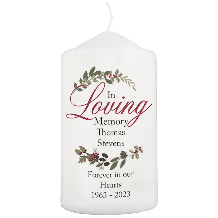 Personalised In Loving Memory Wreath Pillar Candle | SpecialMoment.co.uk