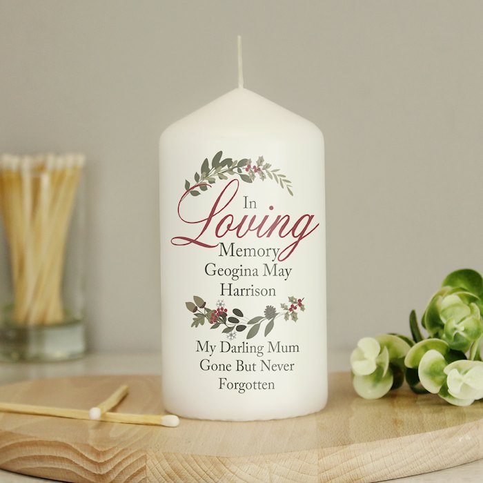 Personalised In Loving Memory Wreath Pillar Candle | SpecialMoment.co.uk