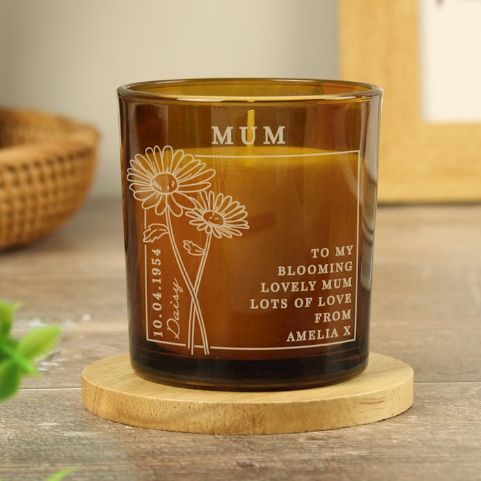 Personalised April Birth Flower Amber Glass Candle | SpecialMoment.co.uk
