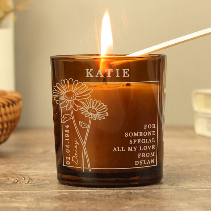 Personalised April Birth Flower Amber Glass Candle | SpecialMoment.co.uk
