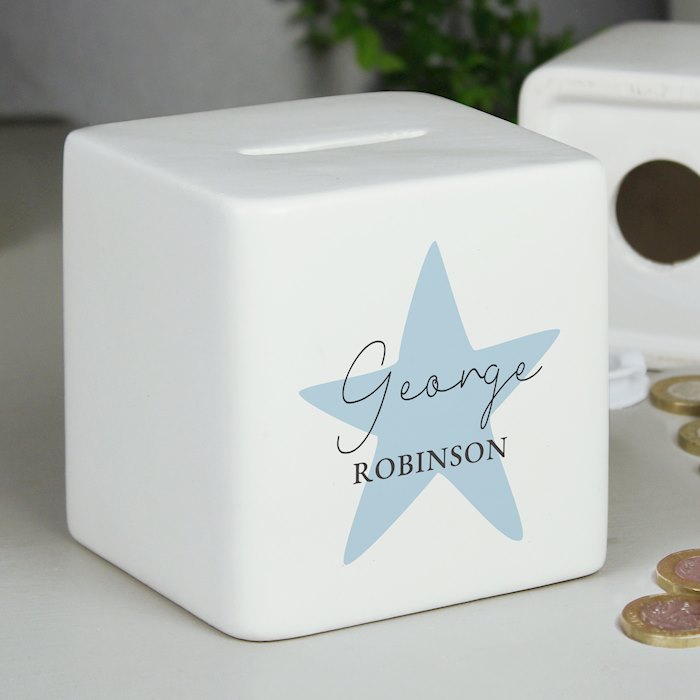 Personalised Blue Star Ceramic Square Money Box | SpecialMoment.co.uk