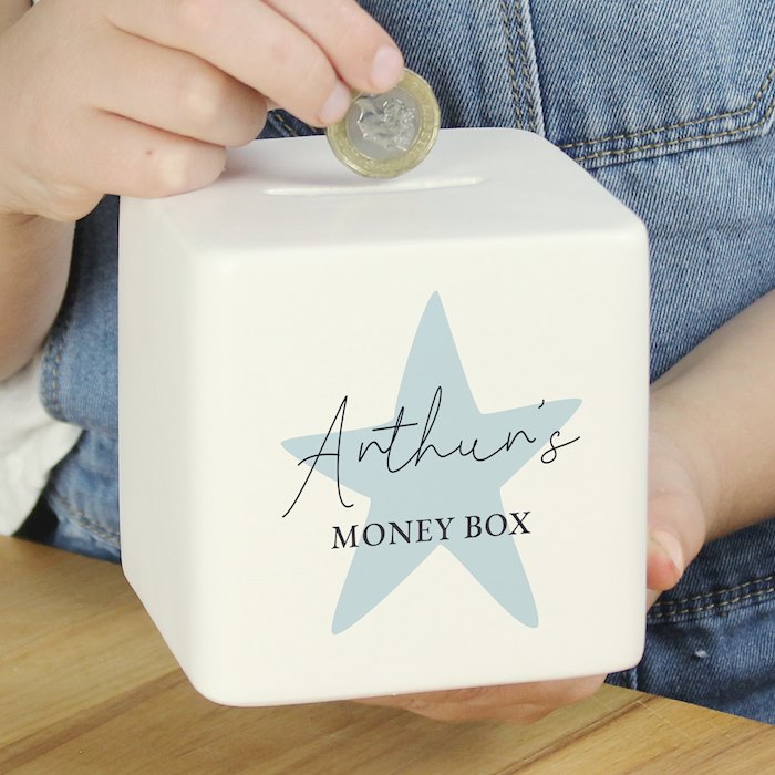 Personalised Blue Star Ceramic Square Money Box | SpecialMoment.co.uk