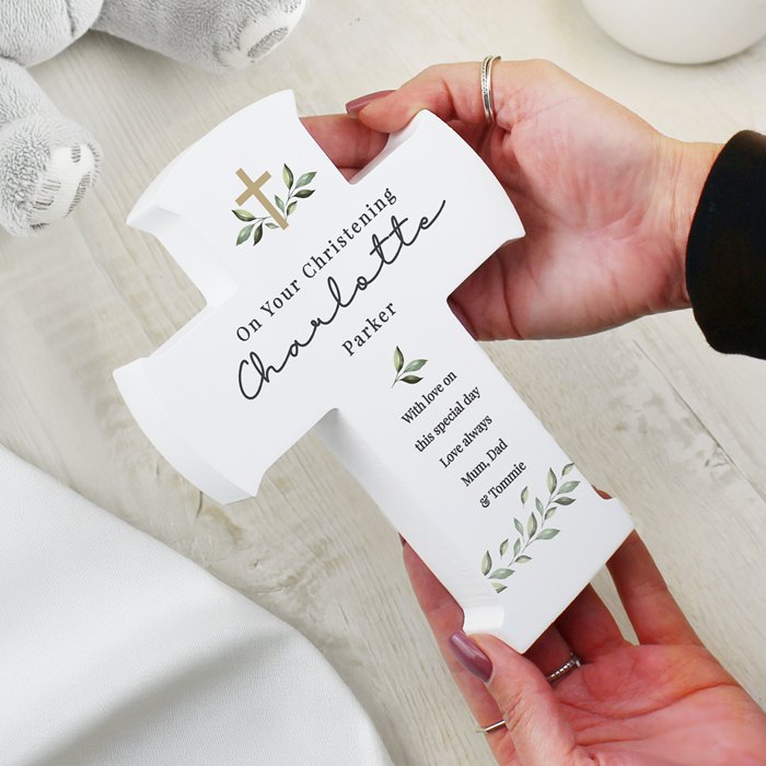 Personalised Botanical Cross Wooden Ornament | SpecialMoment.co.uk