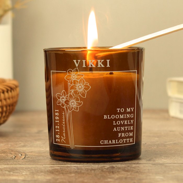 Personalised December Birth Flower Amber Glass Candle | SpecialMoment.co.uk
