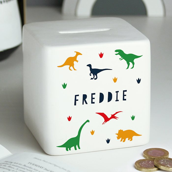 Personalised Dinosaur Ceramic Square Money Box | SpecialMoment.co.uk