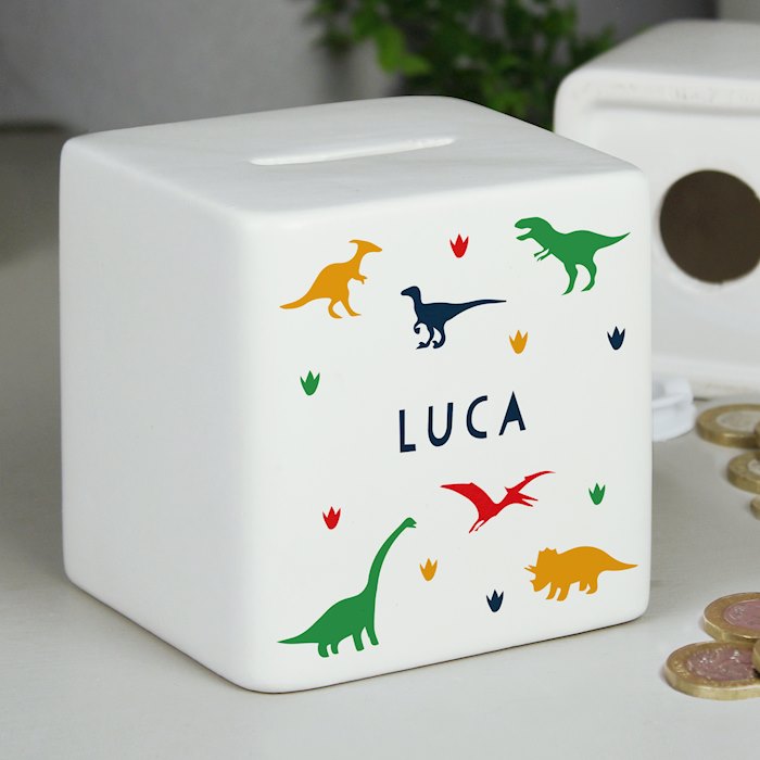 Personalised Dinosaur Ceramic Square Money Box | SpecialMoment.co.uk