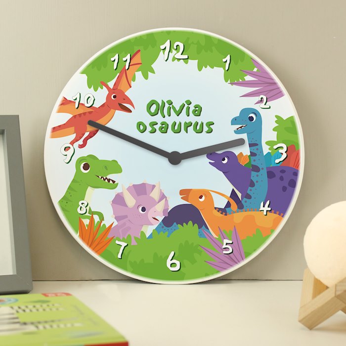 Personalised Dinosaur Wooden Childrens Clock | SpecialMoment.co.uk