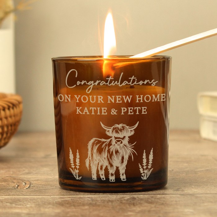 Personalised Engraved Highland Cow Amber Glass Candle | SpecialMoment.co.uk