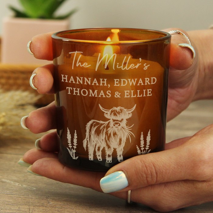 Personalised Engraved Highland Cow Amber Glass Candle | SpecialMoment.co.uk