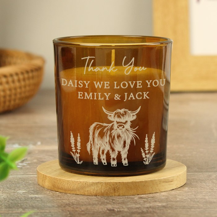 Personalised Engraved Highland Cow Amber Glass Candle | SpecialMoment.co.uk