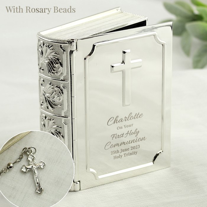 Personalised First Holy Communion Bible Trinket Box with Rosary Beads ...