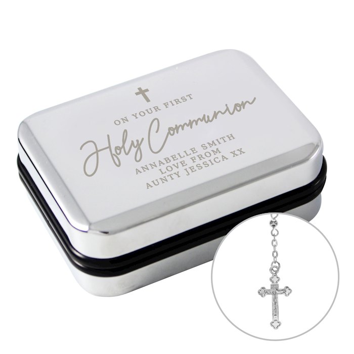 Personalised First Holy Communion Rosary Beads and Cross Trinket Box ...