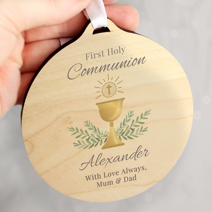 Personalised First Holy Communion Round Wooden Decoration ...