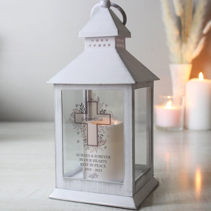 Personalised Floral Cross White Lantern | SpecialMoment.co.uk
