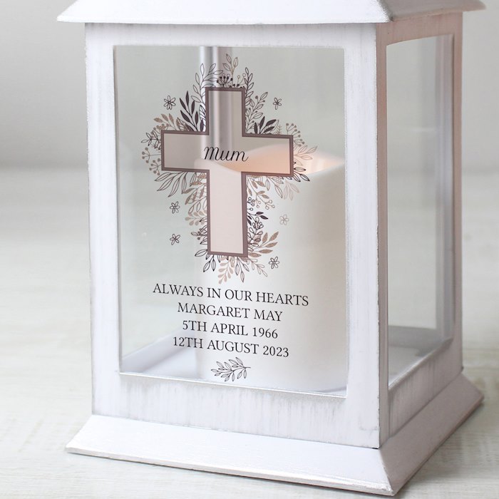 Personalised Floral Cross White Lantern | SpecialMoment.co.uk