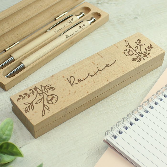 Personalised Floral Wooden Pen and Pencil Set | SpecialMoment.co.uk