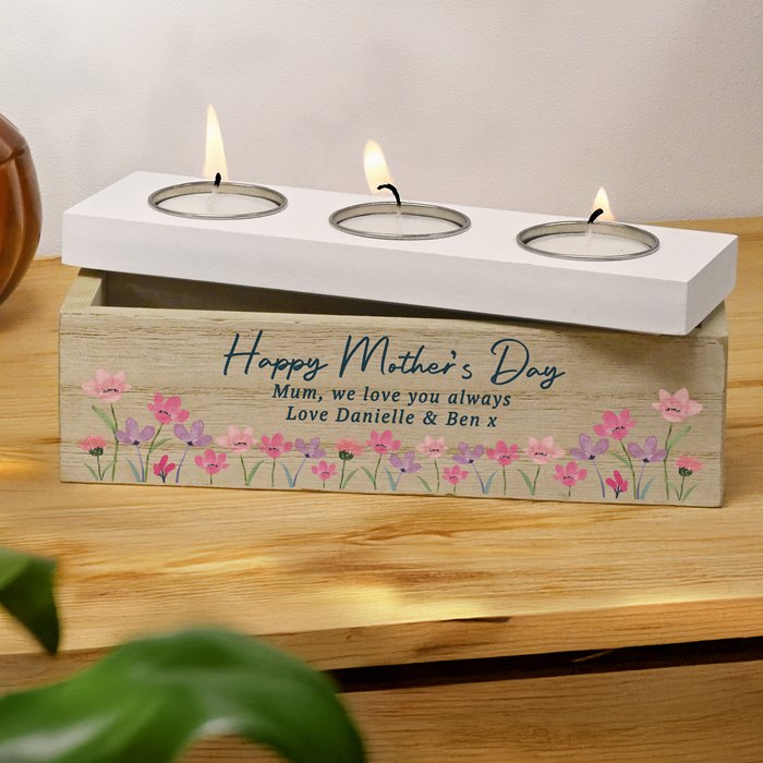 Personalised Floral Wooden Triple Tea Light Box | SpecialMoment.co.uk