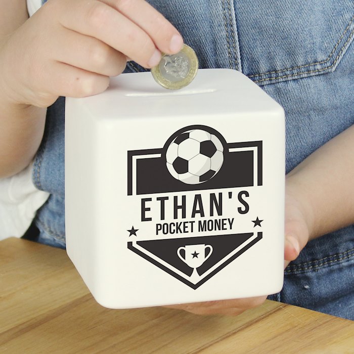 Personalised Football Badge Ceramic Square Money Box | SpecialMoment.co.uk