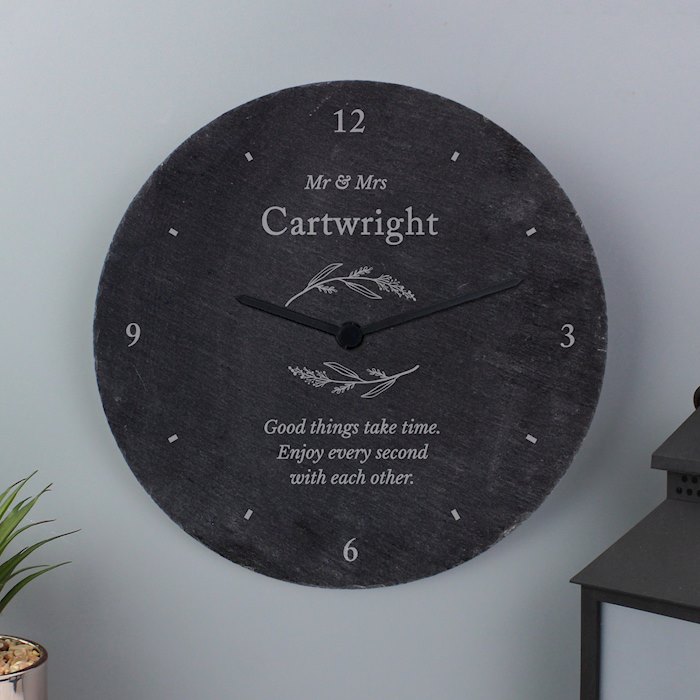 Personalised Free Text Botanical Slate Clock | SpecialMoment.co.uk