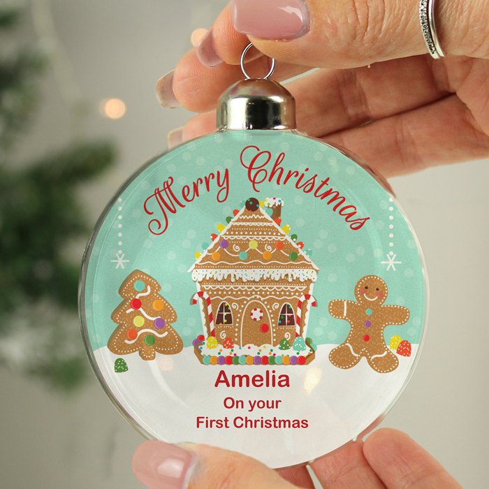 Personalised Gingerbread House Christmas Glass Bauble | SpecialMoment.co.uk