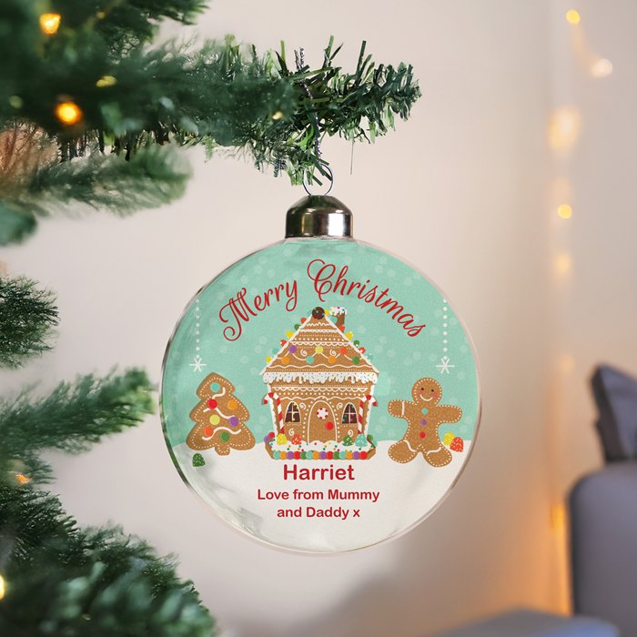 Personalised Gingerbread House Christmas Glass Bauble | SpecialMoment.co.uk