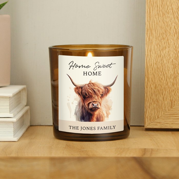 Personalised Highland Cow Amber Glass Candle | SpecialMoment.co.uk