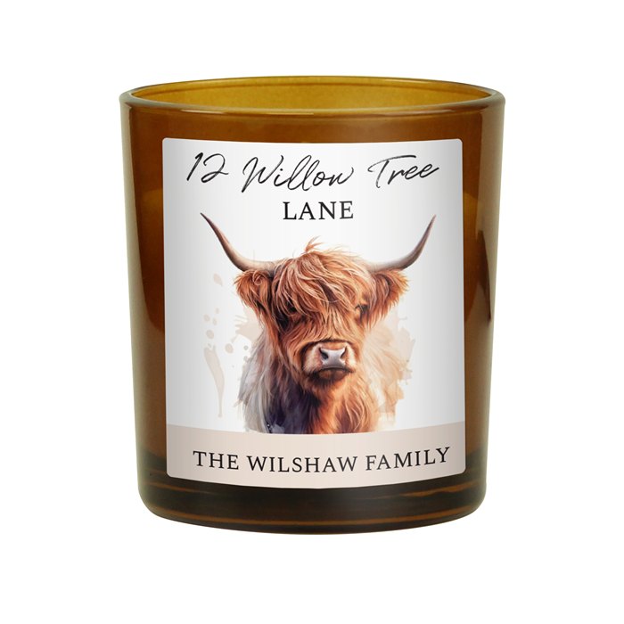 Personalised Highland Cow Amber Glass Candle | SpecialMoment.co.uk
