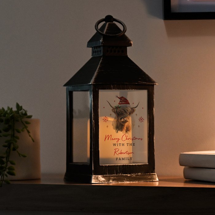 Personalised Highland Cow Christmas LED Lantern | SpecialMoment.co.uk