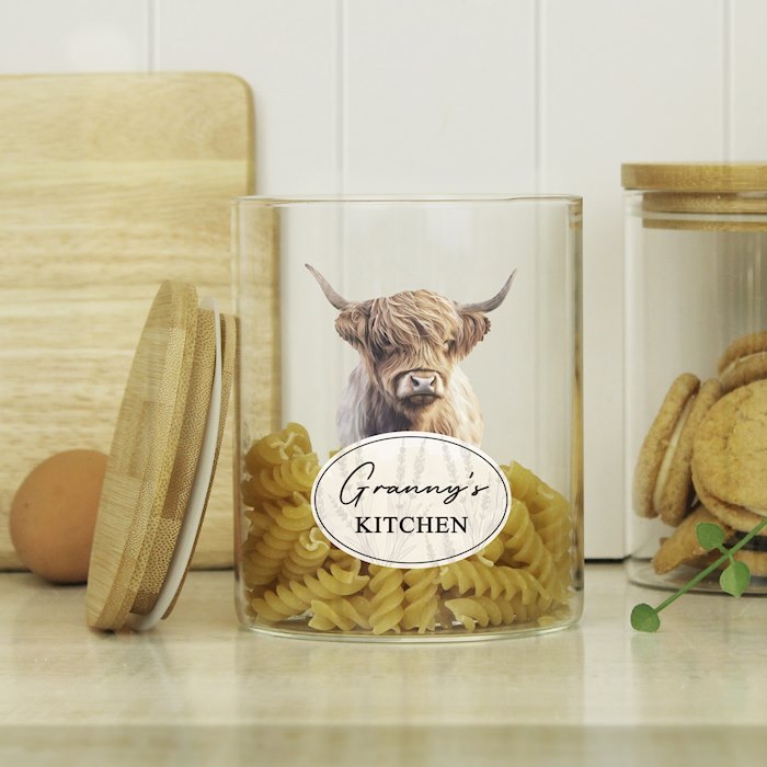 Personalised Highland Cow Glass Storage Jar | SpecialMoment.co.uk