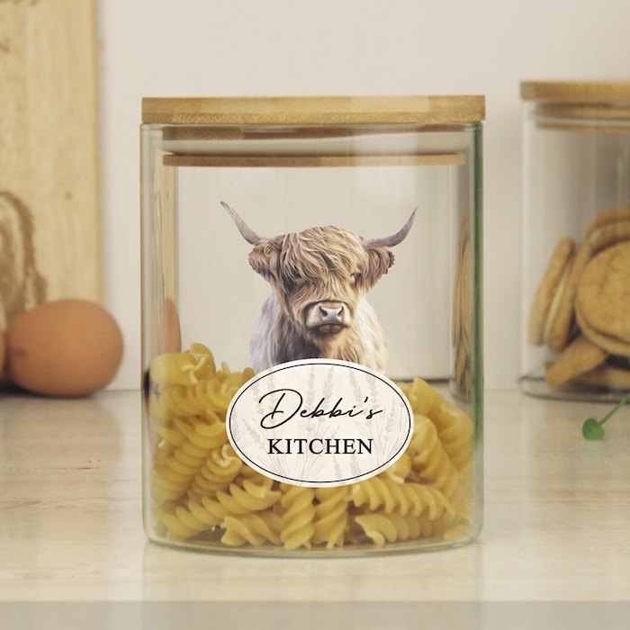 Personalised Highland Cow Glass Storage Jar | SpecialMoment.co.uk