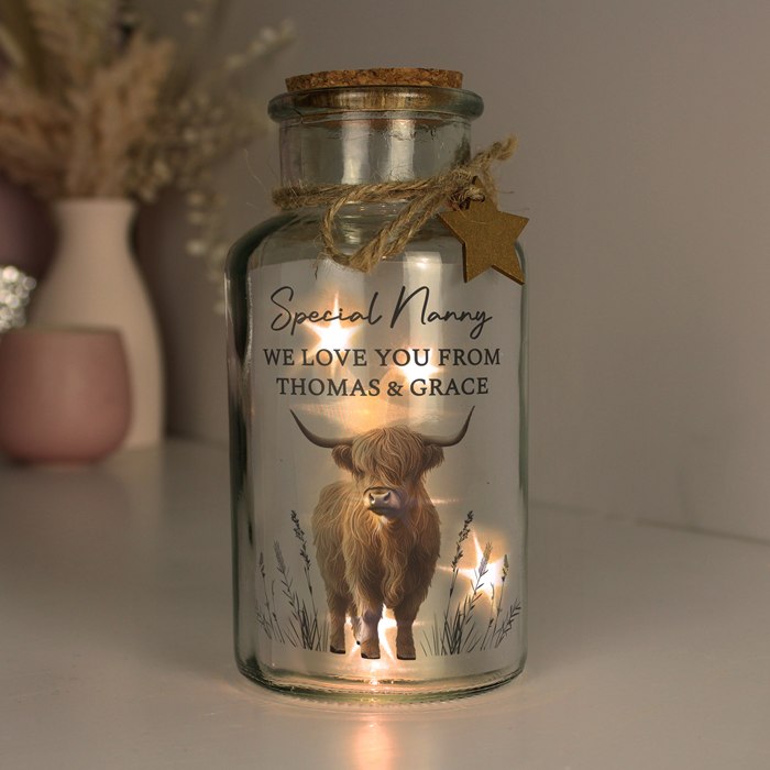 Personalised Highland Cow LED Light Up Jar | SpecialMoment.co.uk