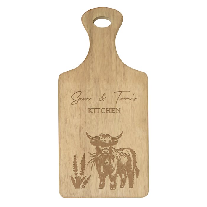 Personalised Highland Cow Paddle Chopping Board | SpecialMoment.co.uk