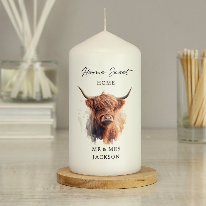 Personalised Highland Cow Pillar Candle | SpecialMoment.co.uk