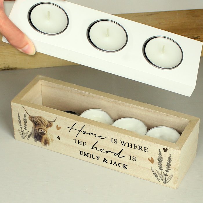 Personalised Highland Cow Triple Tea Light Box | SpecialMoment.co.uk