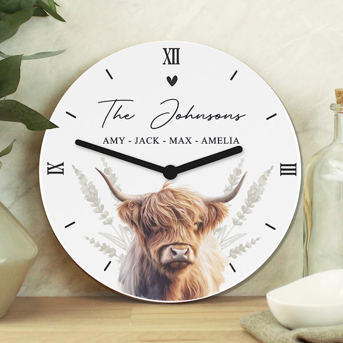 Personalised Highland Cow Wooden Clock | SpecialMoment.co.uk