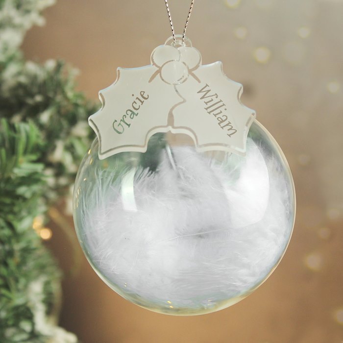 Personalised Holly Acrylic White Feather Bauble | SpecialMoment.co.uk
