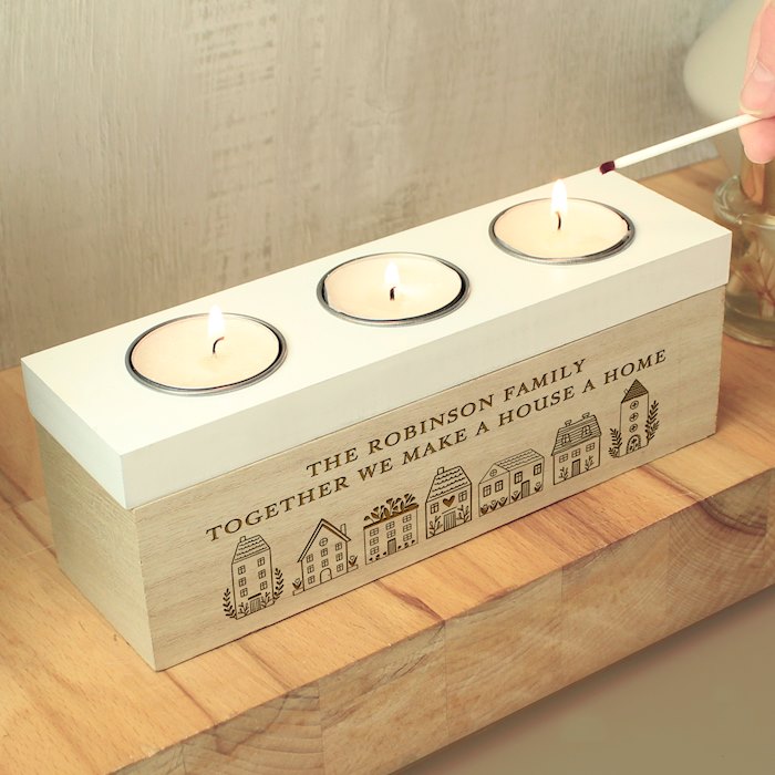 Personalised HOME Triple Tea Light Box | SpecialMoment.co.uk