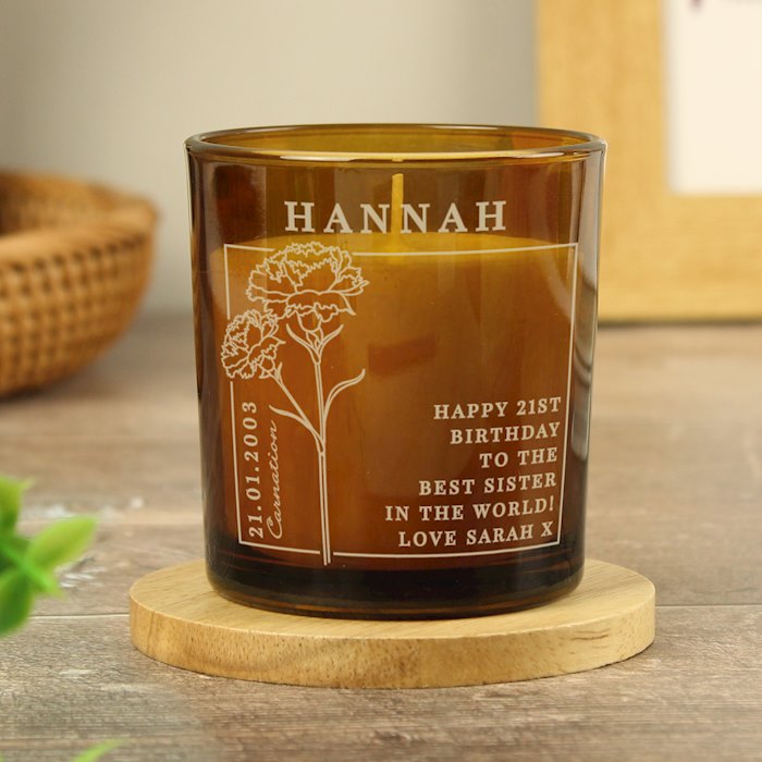 Personalised January Birth Flower Amber Glass Candle | SpecialMoment.co.uk