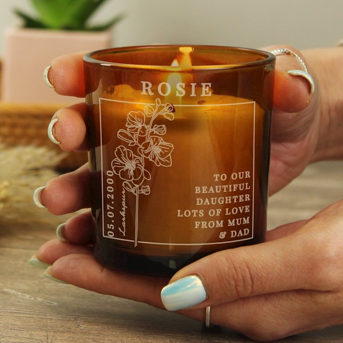 Personalised July Birth Flower Amber Glass Candle | SpecialMoment.co.uk