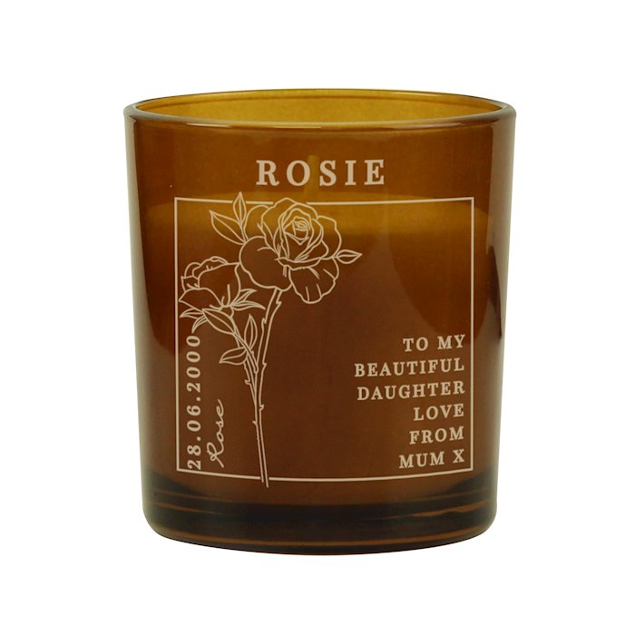 Personalised June Birth Flower Amber Glass Candle | SpecialMoment.co.uk