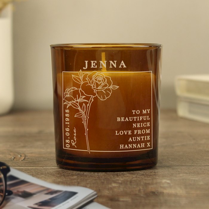 Personalised June Birth Flower Amber Glass Candle | SpecialMoment.co.uk