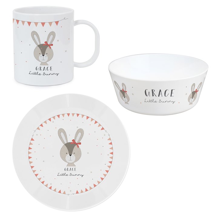 Personalised Little Bunny Pink Plastic Breakfast Set | SpecialMoment.co.uk