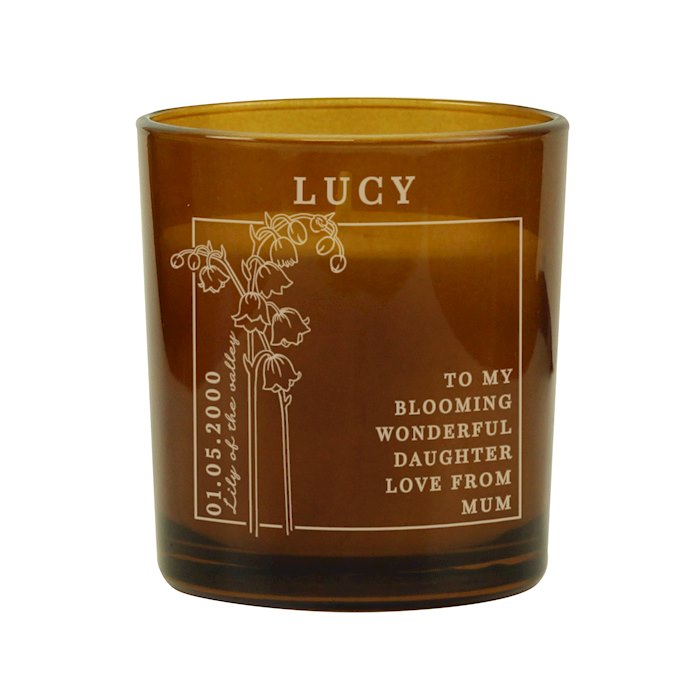 Personalised May Birth Flower Amber Glass Candle | SpecialMoment.co.uk