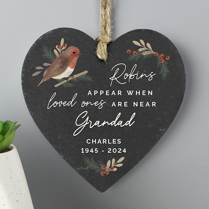 Personalised Memorial Robins Appear Slate Heart | SpecialMoment.co.uk