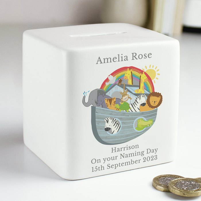 Personalised Noahs Ark Ceramic Square Money Box | SpecialMoment.co.uk