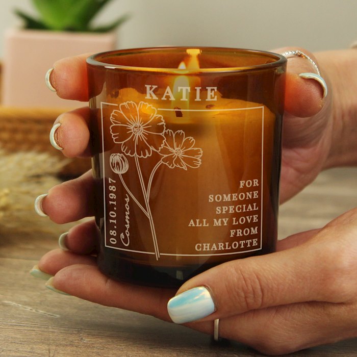 Personalised October Birth Flower Amber Glass Candle | SpecialMoment.co.uk