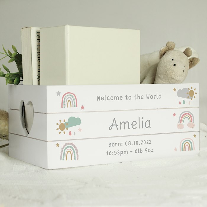 Personalised Pastel Rainbow White Wooden Crate | SpecialMoment.co.uk