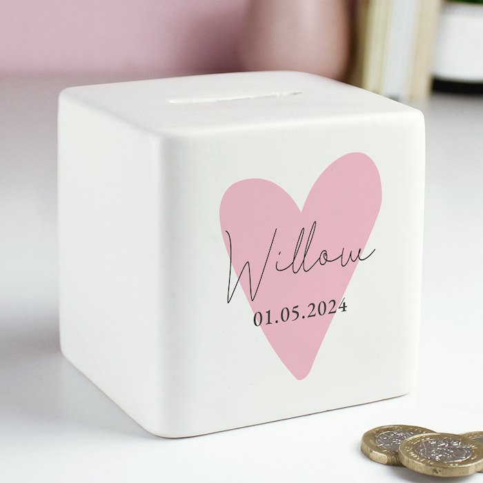 Personalised Pink Heart Ceramic Square Money Box | SpecialMoment.co.uk