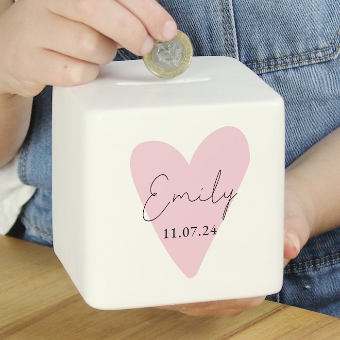 Personalised Pink Heart Ceramic Square Money Box | SpecialMoment.co.uk